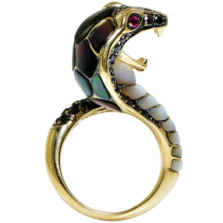 Diamond Abalone Mother-of-Pearl Yellow Gold Cobra Snake Ring at 1stDibs ...