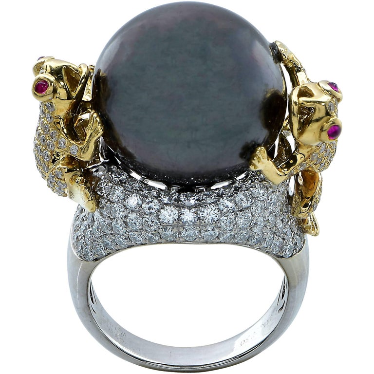 Unique Tahitian Pearl Ring with Diamond Pave Frogs at 1stDibs | pave ...