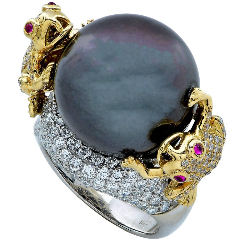 Unique Tahitian Pearl Ring with Diamond Pave Frogs at 1stDibs | pave ...