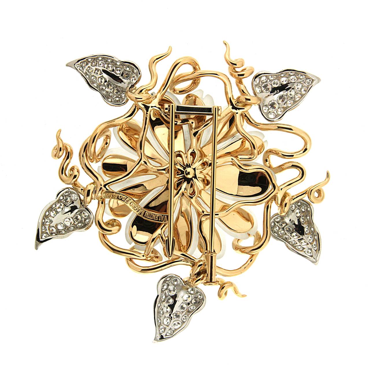 Hand Carved Crystal Diamond Gold Flower Brooch at 1stDibs