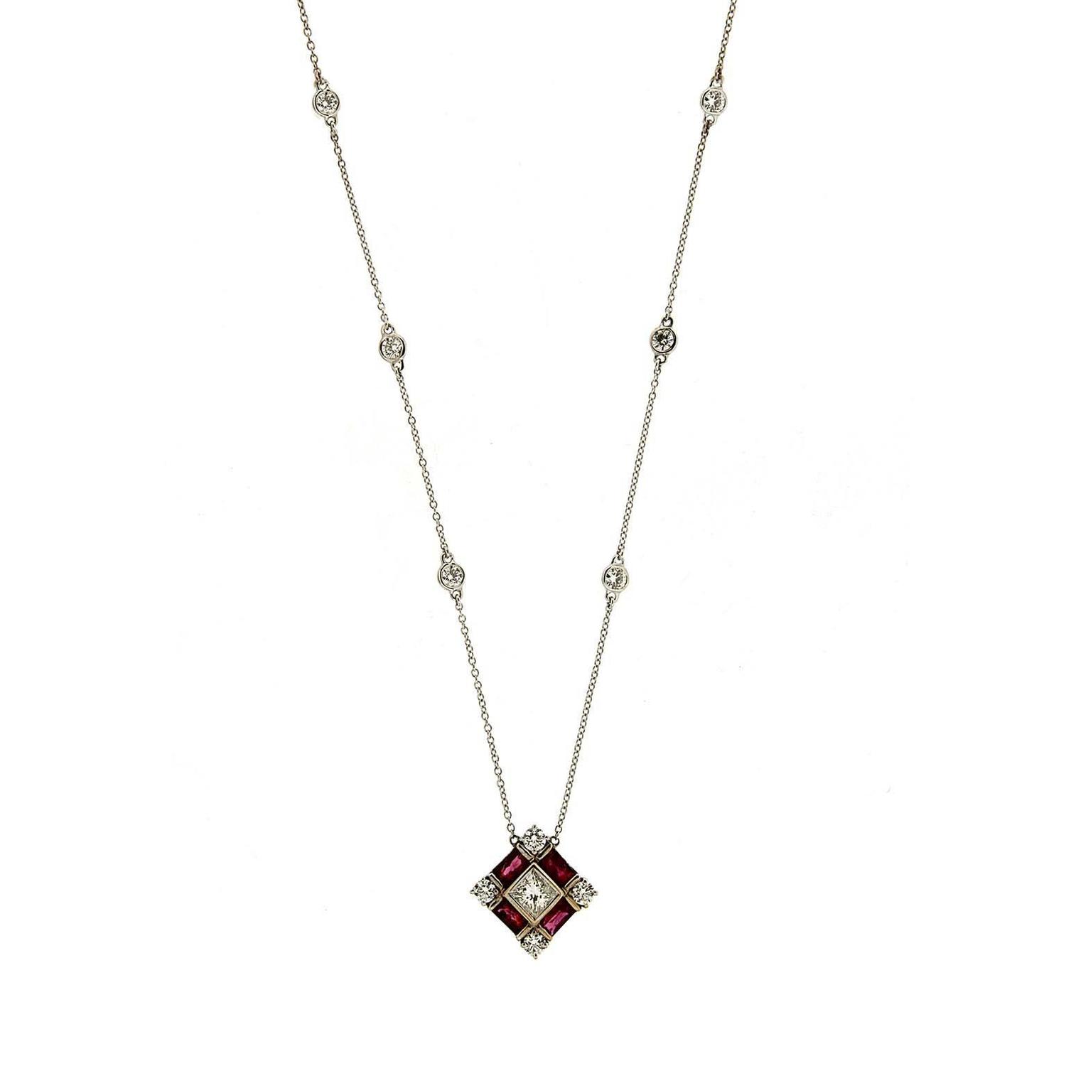 Baguette Ruby Princess Cut Diamond Gold Pendant Necklace For Sale at ...