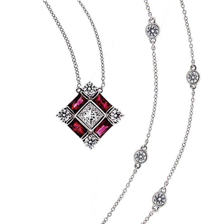Baguette Ruby Princess Cut Diamond Gold Pendant Necklace For Sale at ...