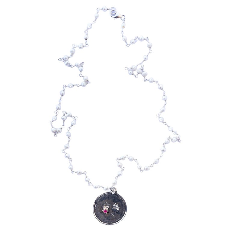 Ruby Medal Pearl Necklace Sacred Heart Silver Chain J Dauphin For Sale ...