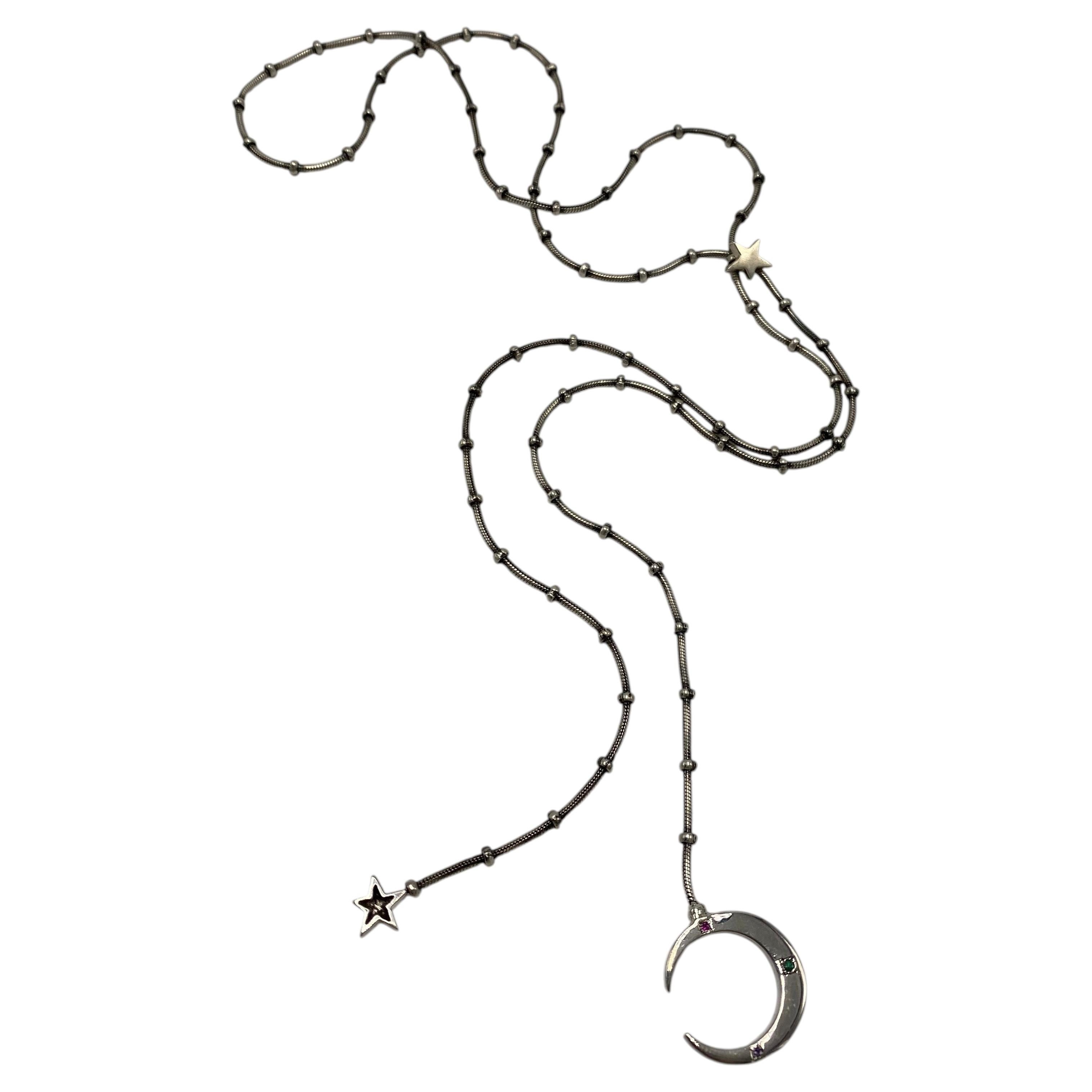 Crescent Moon Necklace Silver Star Lariat Celestial Emerald Ruby ...