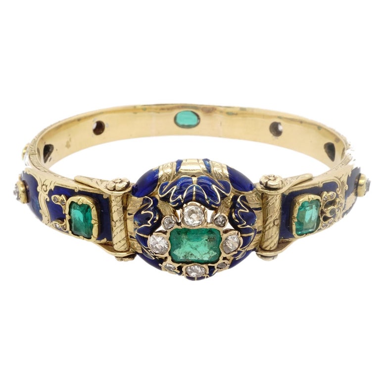 Victorian Emerald Diamond 18 Karat Gold Enamel Bangle Bracelet At 1stdibs