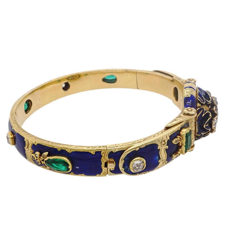 Victorian Emerald Diamond 18 Karat Gold Enamel Bangle Bracelet At 1stdibs
