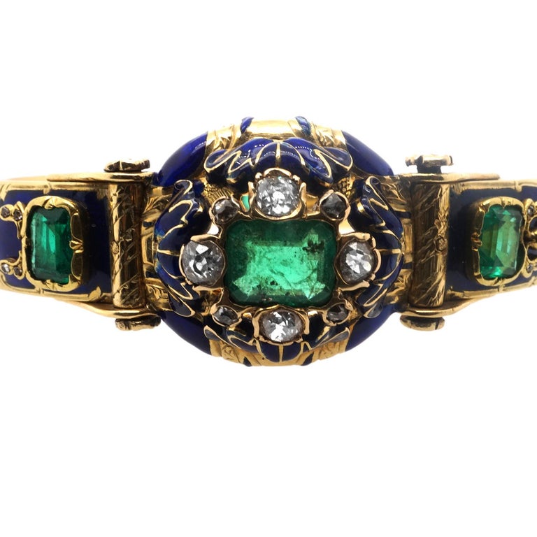 Victorian Emerald Diamond 18 Karat Gold Enamel Bangle Bracelet At 1stdibs