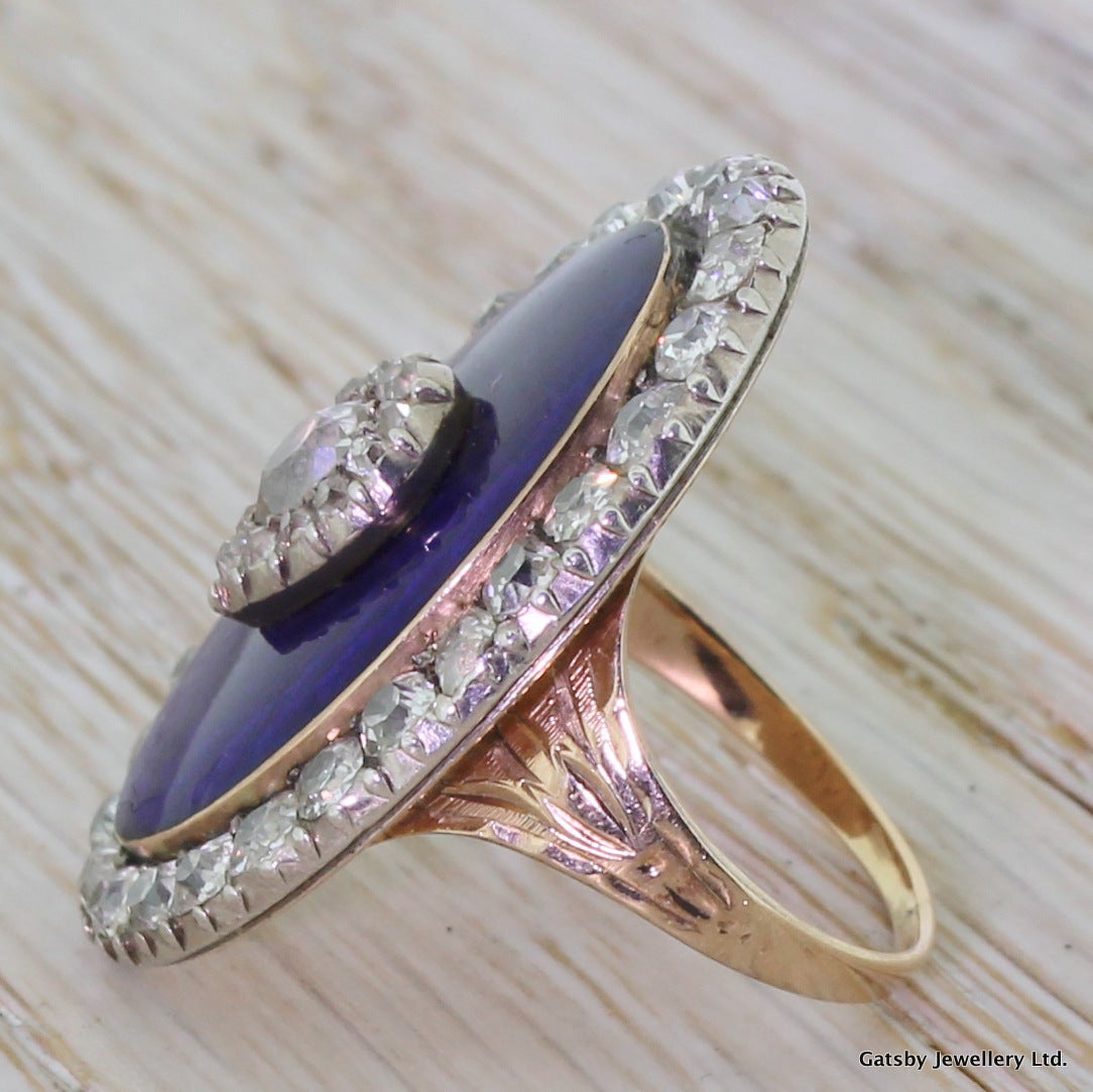 Georgian Blue Enamel Old Cut Diamond Silver Gold Mourning Ring at 1stDibs
