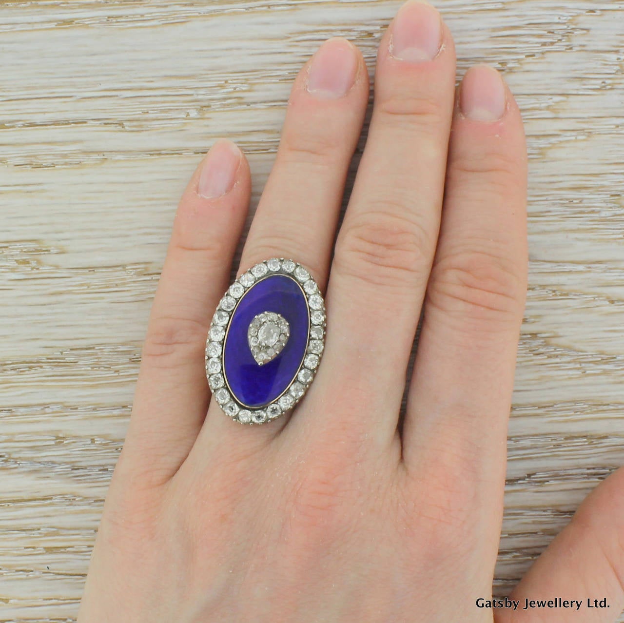 Georgian Blue Enamel Old Cut Diamond Silver Gold Mourning Ring at 1stDibs