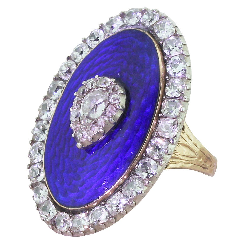 Georgian Blue Enamel Old Cut Diamond Silver Gold Mourning Ring at 1stDibs