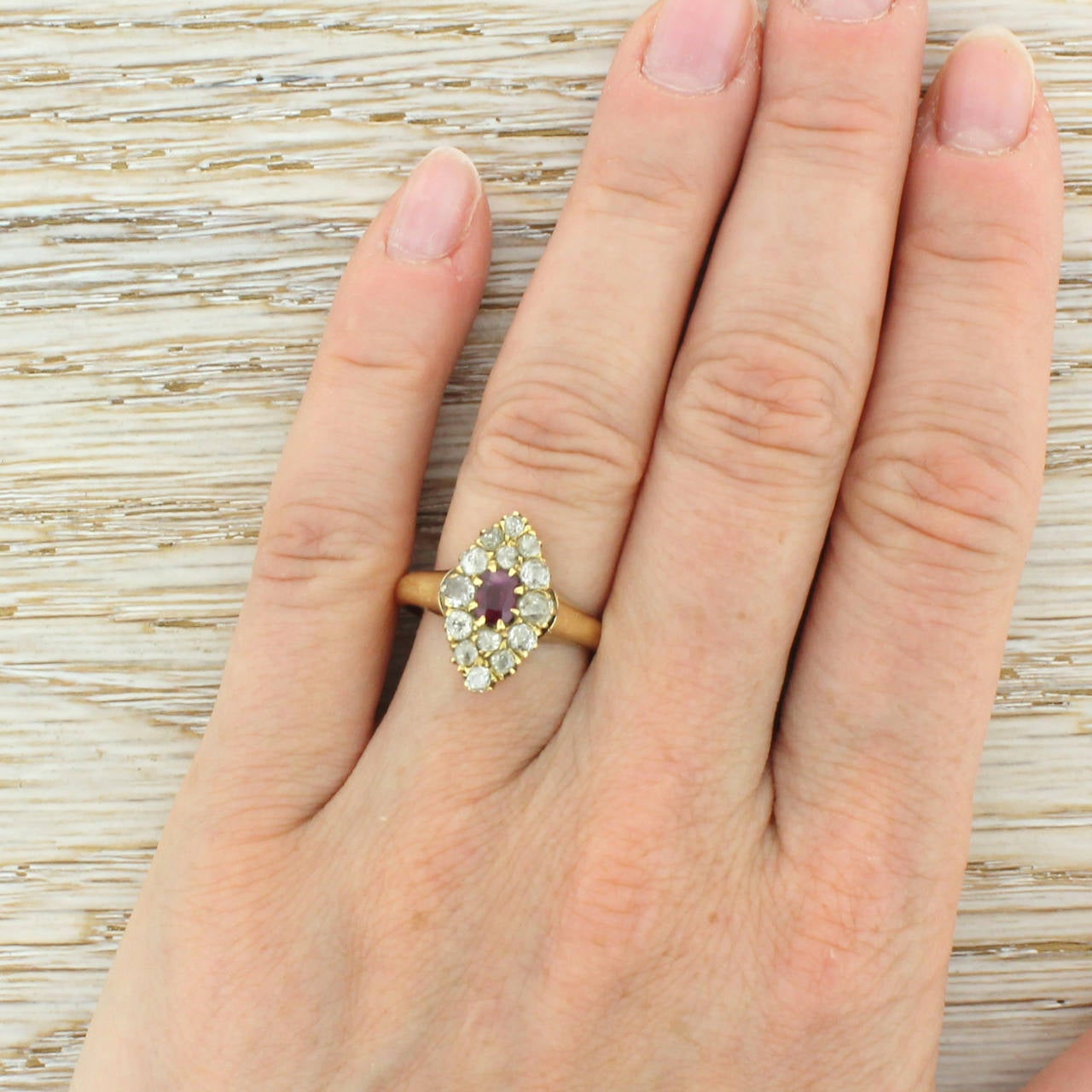 Victorian Ruby and Old Cut Diamond Navette Cluster Ring For Sale at 1stDibs