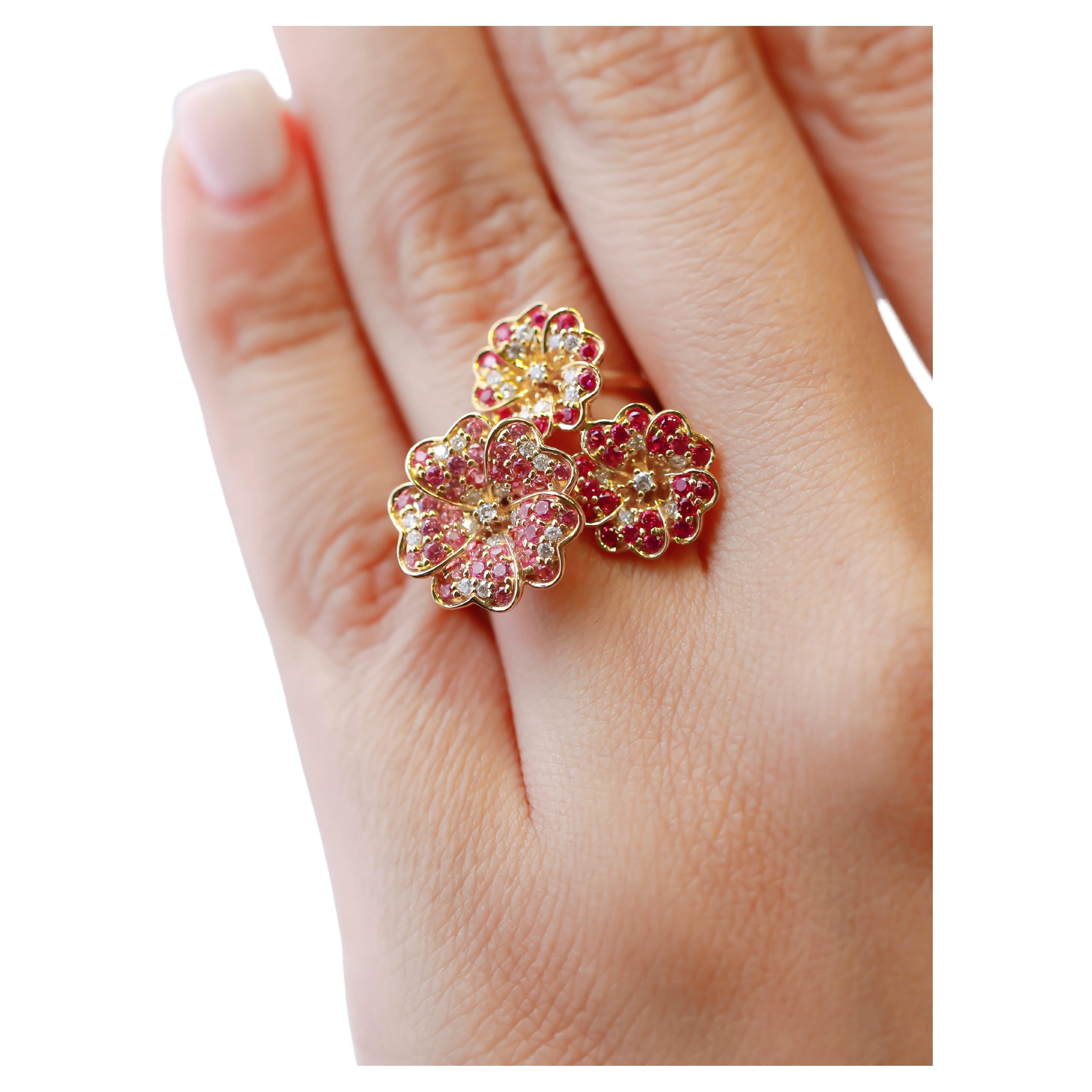 0.23 Carat Diamond Pink Sapphire Pave Daisy Flower 14K Yellow Gold Wrap ...