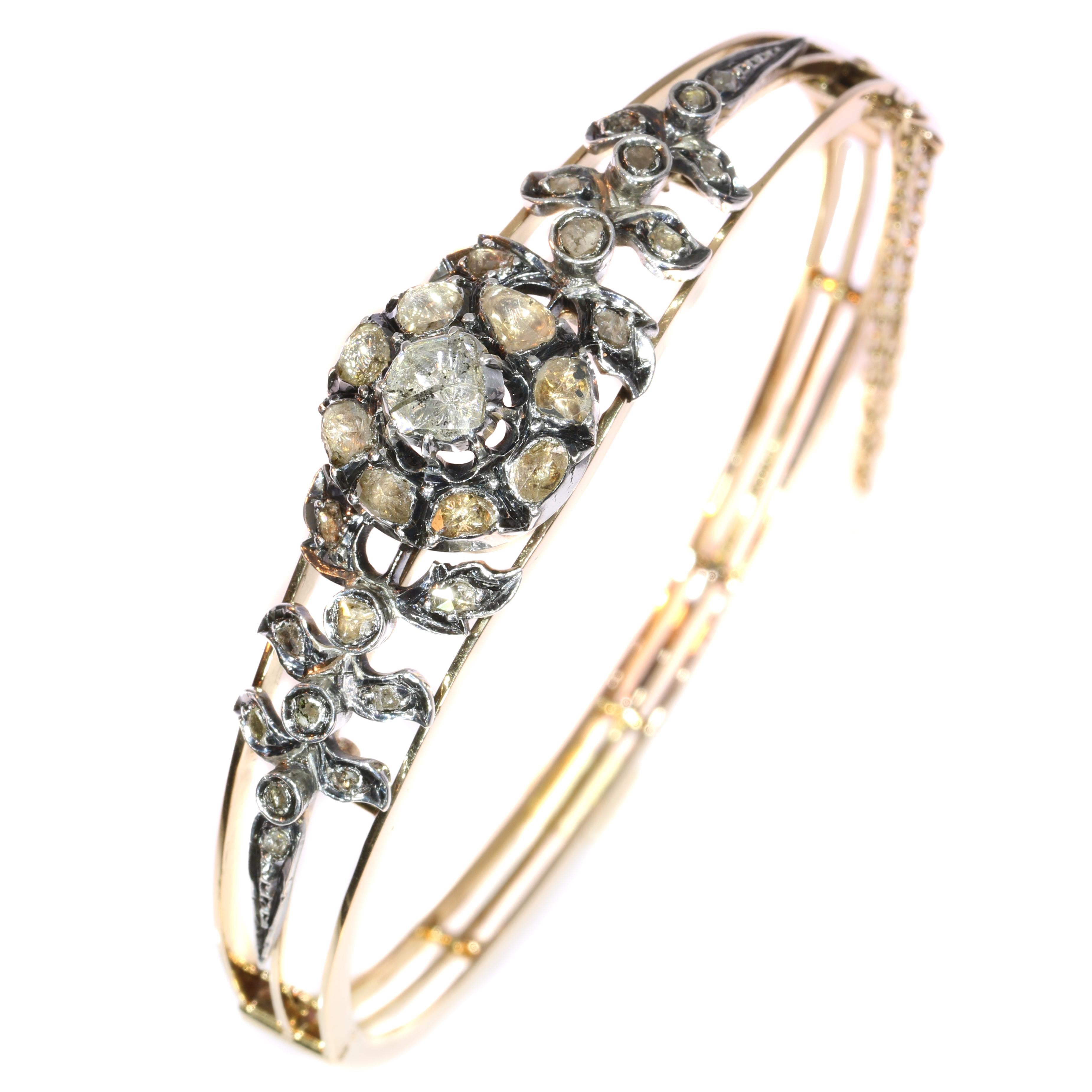 Real Antique Vintage Rose Cut Diamond Pink Gold Bangle For Sale at 1stDibs