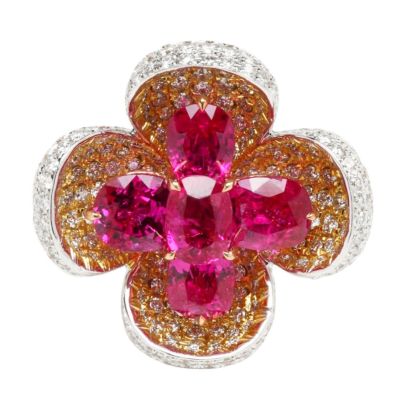 Unheated Burmese Ruby Diamond Gold Flower Ring For Sale at 1stDibs