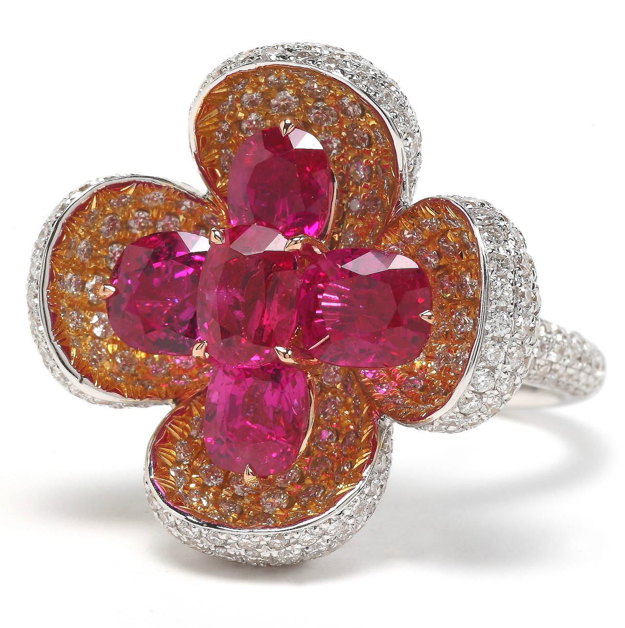 Unheated Burmese Ruby Diamond Gold Flower Ring For Sale at 1stDibs