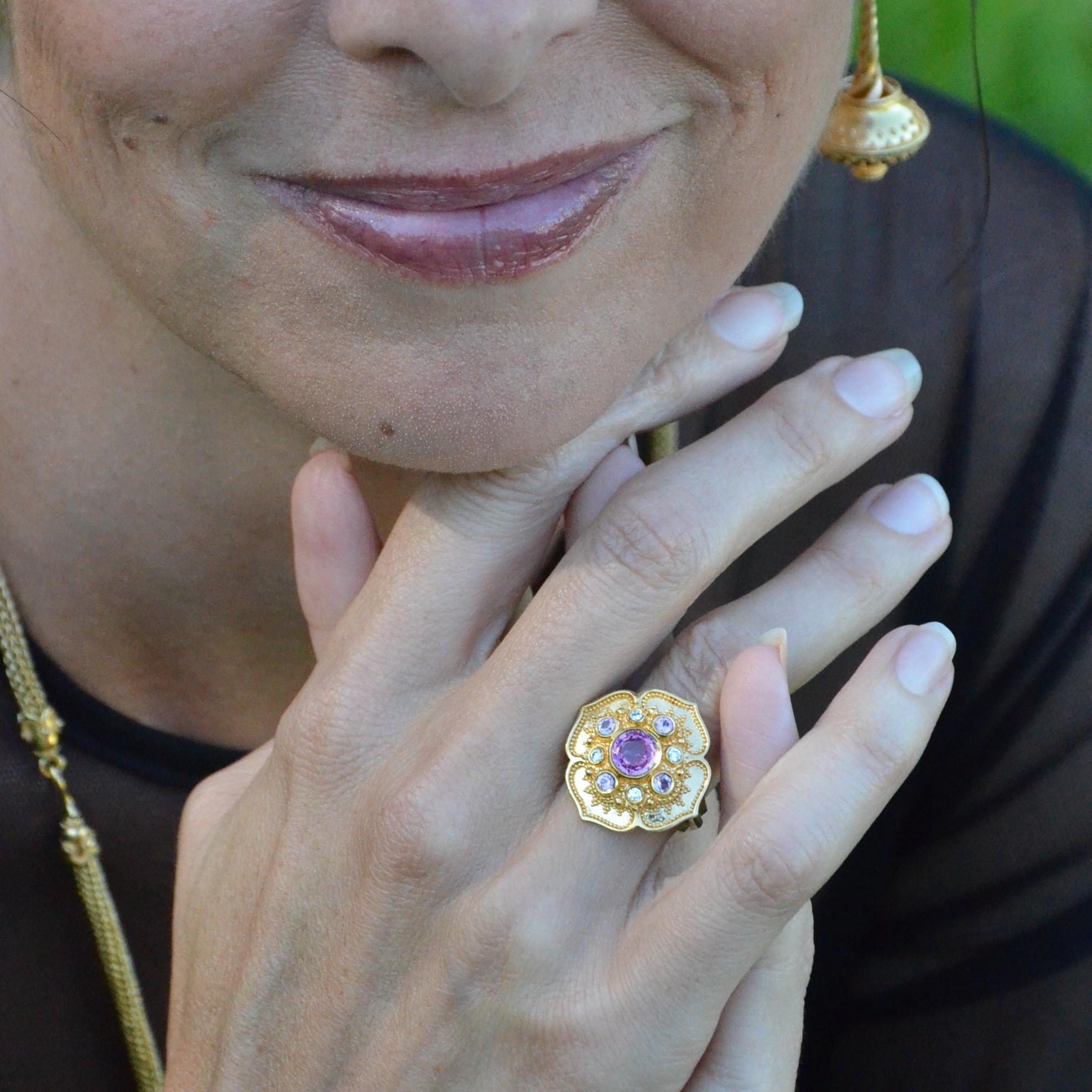 Kent Raible Flower Cocktail Ring, 18karat Gold Granulation, Sapphire ...