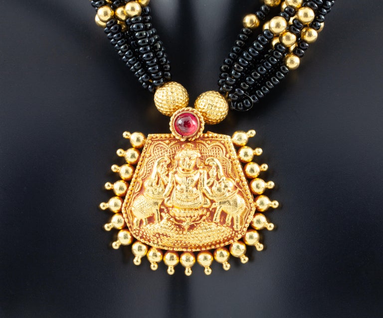 22 Karat KDM Yellow Gold Pendant with Gold and Black Bead Strands ...