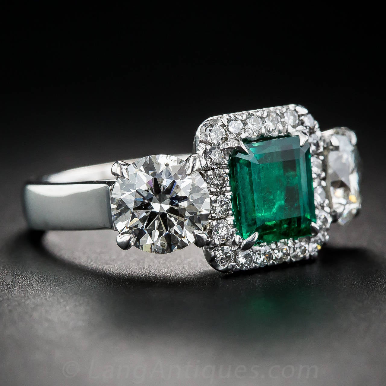 Emerald Diamond Three Stone Ring at 1stDibs