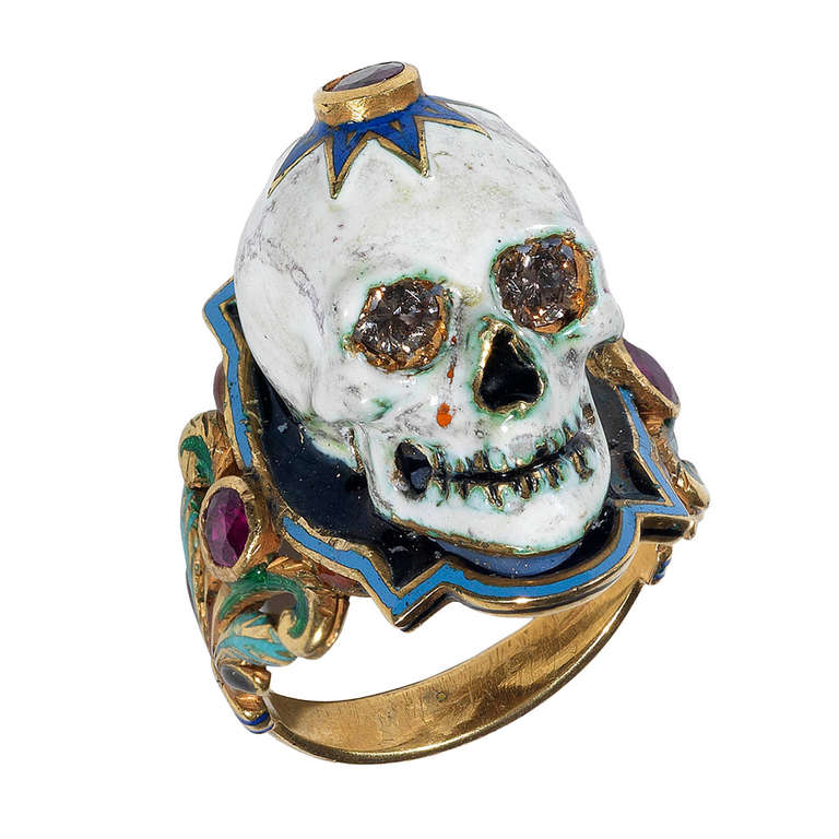 Enamel Diamond Gold Skull Ring at 1stDibs