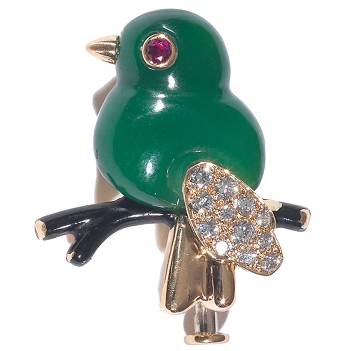 Cartier Green Chalcedony Ruby Diamond Gold Novelty Bird Brooch at 1stDibs