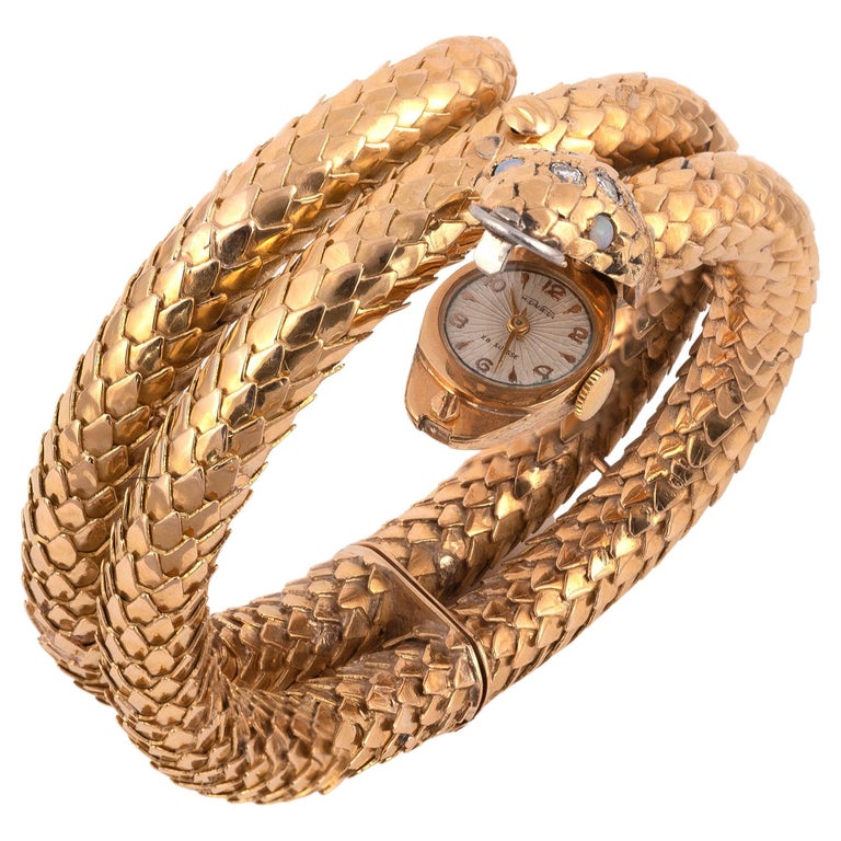 18 Karat Yellow Gold Snake Bracelet Covered Dial Watch For Sale at 1stDibs