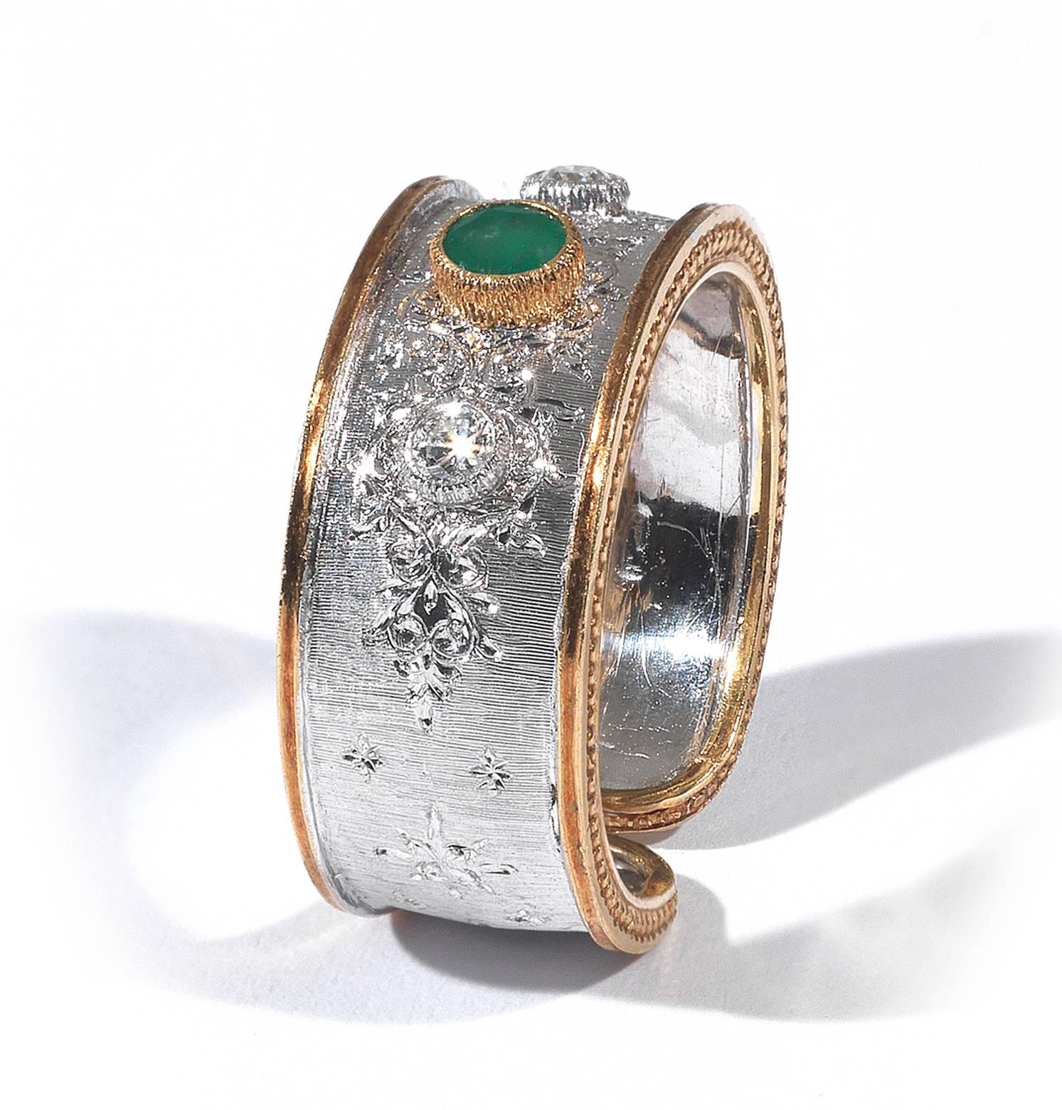 Buccellati Emerald Diamond Tricolored Gold Band Ring at 1stDibs