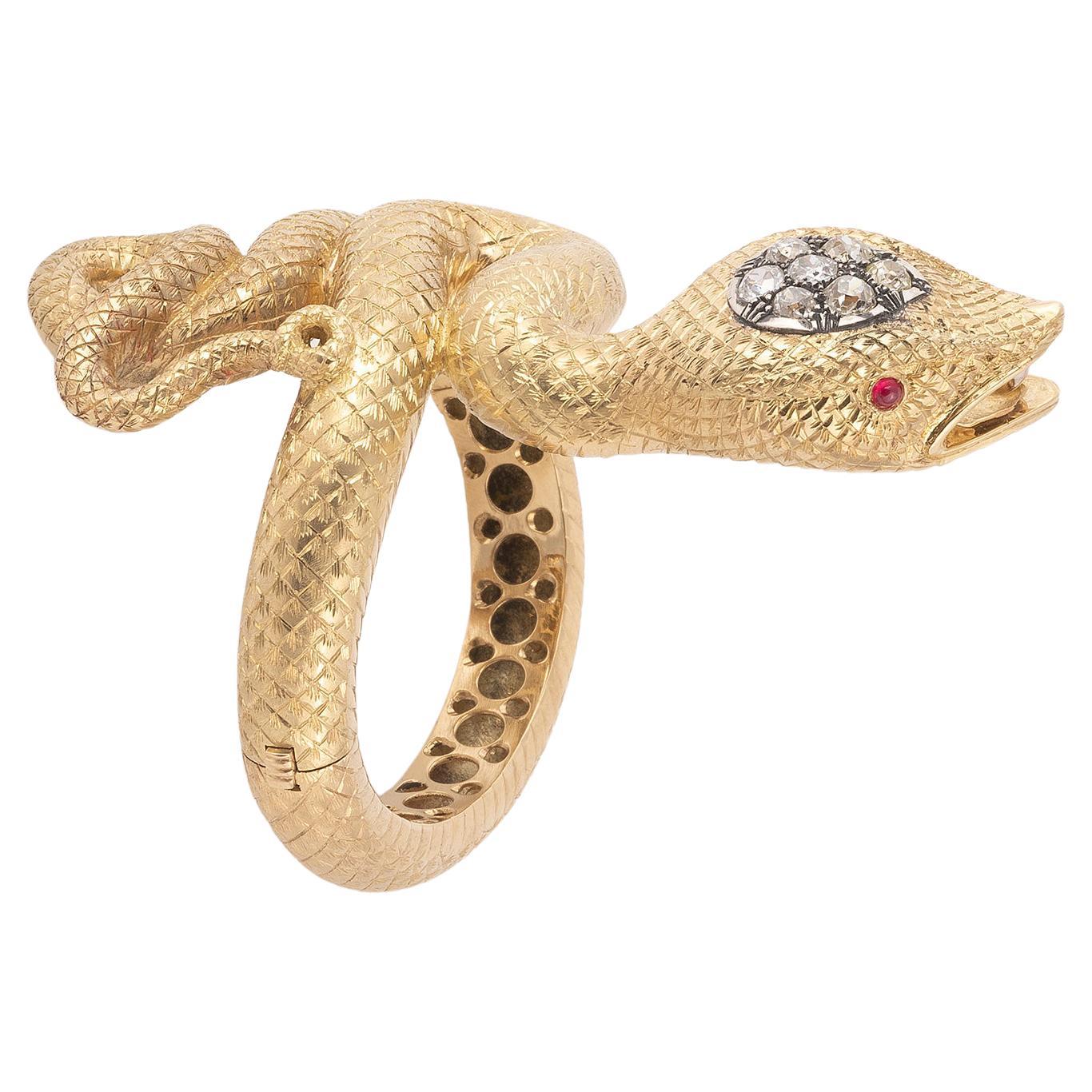 Vintage Gold and Old Cut Diamond Large Snake Bangle Attr. E. Serafini ...