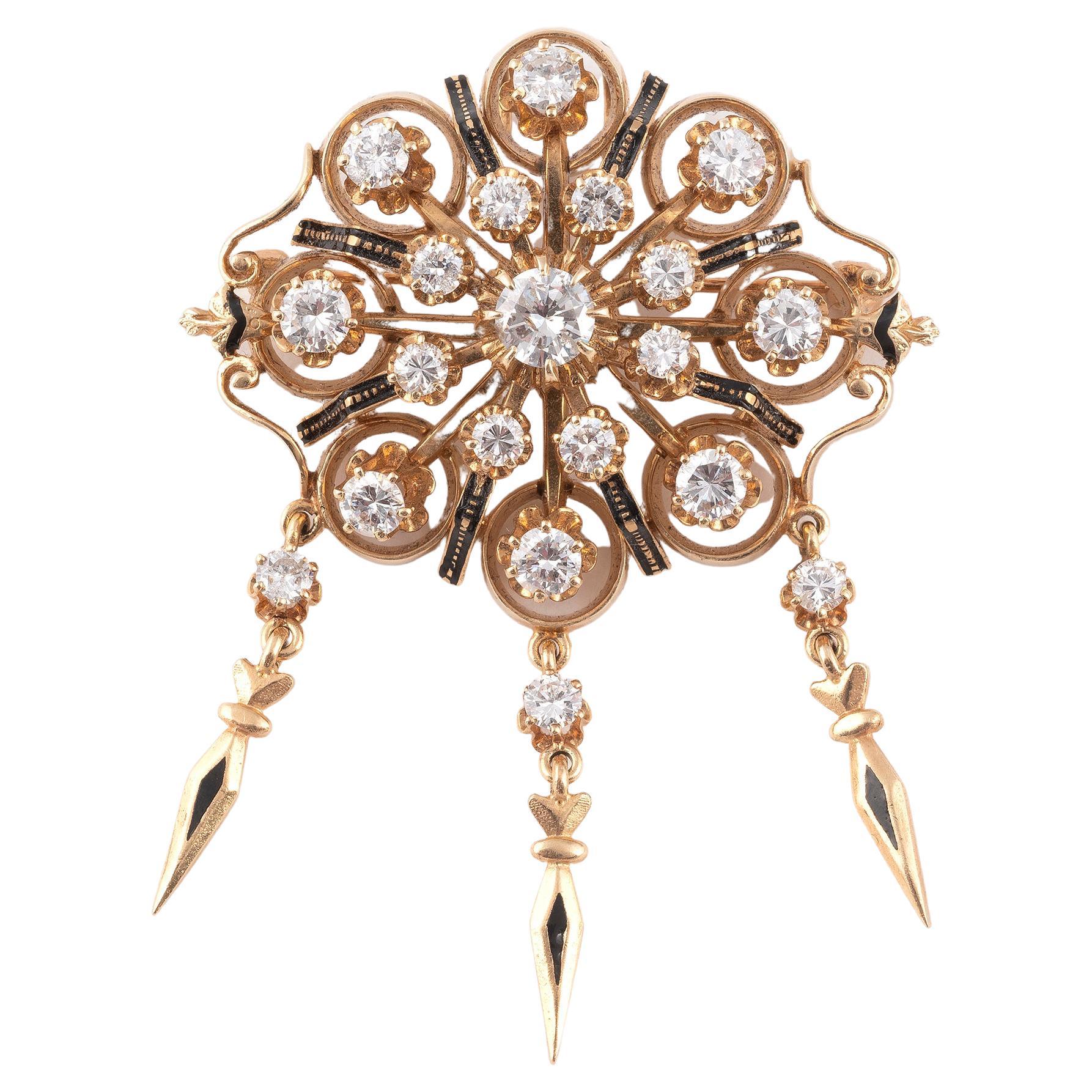 French Cocktail Brooch, Gold Diamonds and Enamel For Sale at 1stDibs