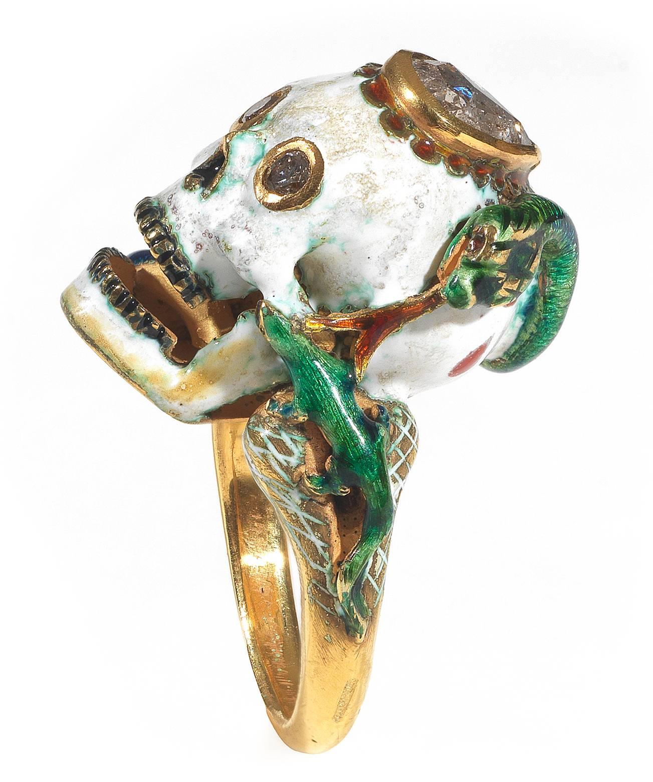 Attilio Codognato Renaissance Style Enamel Diamond Gold Skull Snake Lizard Ring at 1stDibs ...