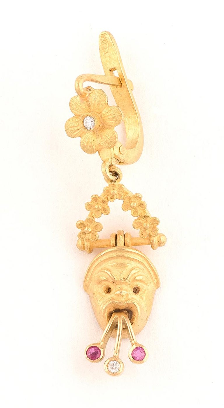 Gold Diamond and Ruby Mask Pendent Earrings at 1stDibs