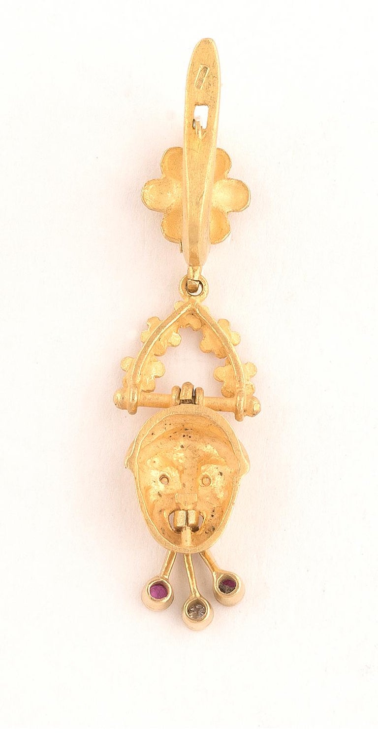Gold Diamond and Ruby Mask Pendent Earrings at 1stDibs