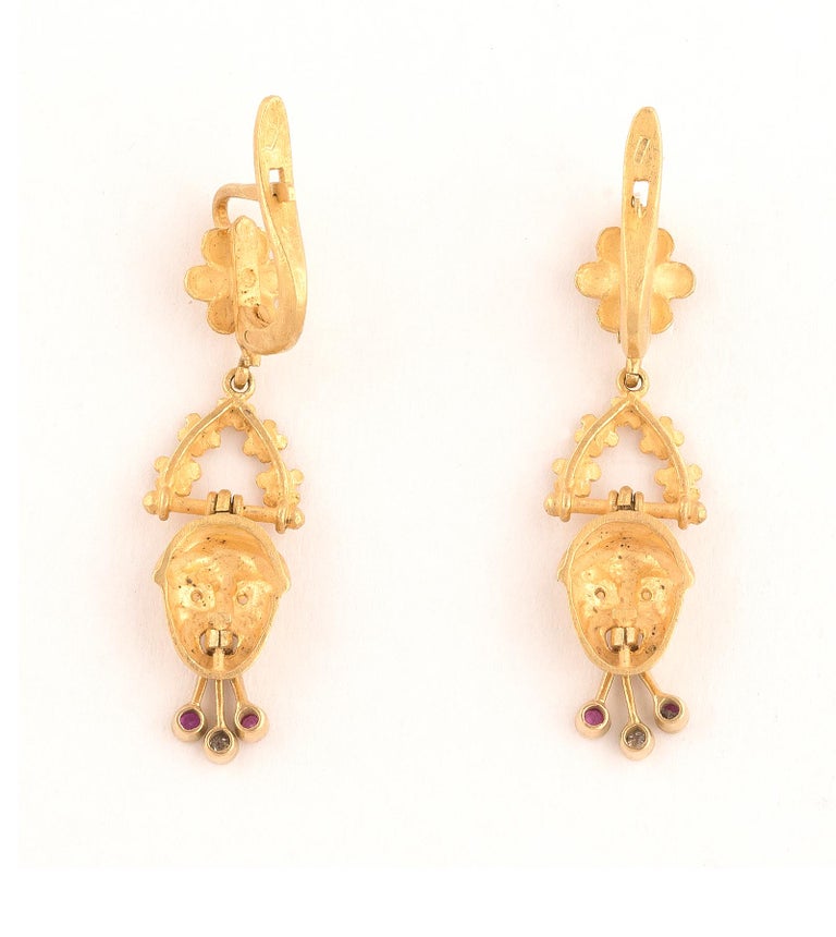 Gold Diamond and Ruby Mask Pendent Earrings at 1stDibs