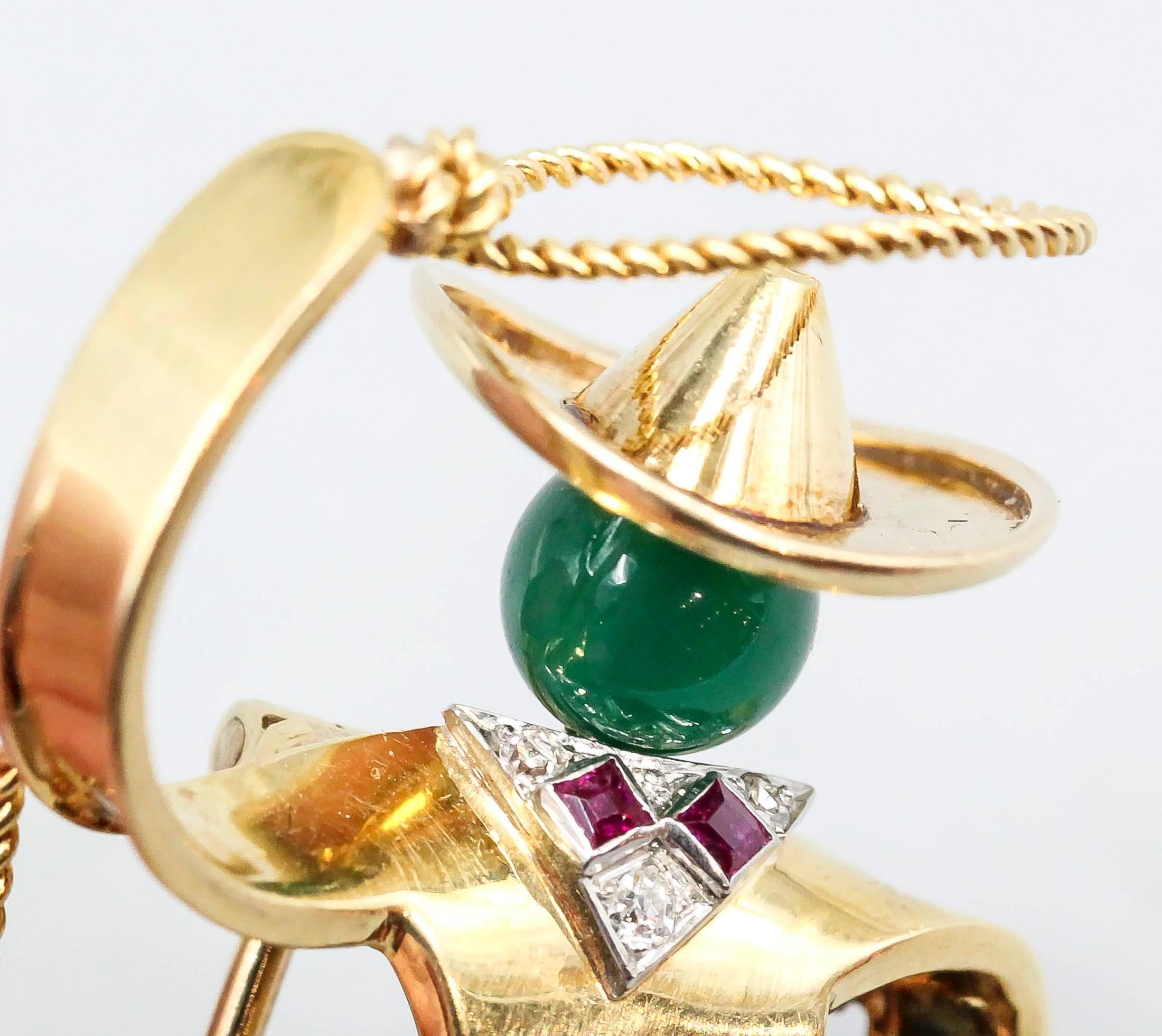 Van Cleef and Arpels Chrysoprase Ruby Diamond Gold Cowboy Brooch at 1stDibs