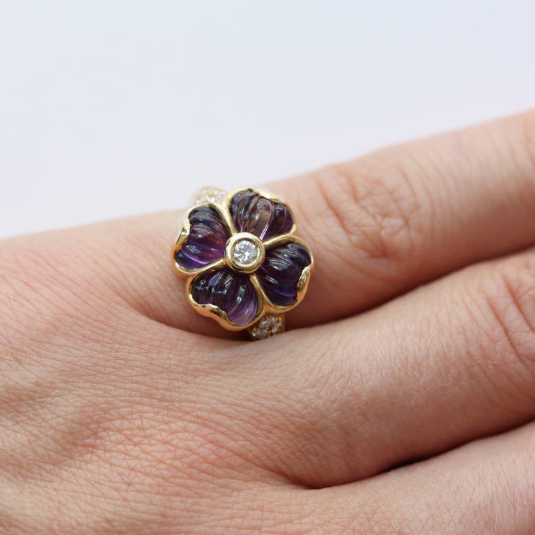 Boucheron Carved Amethyst Diamond Flower Ring at 1stDibs