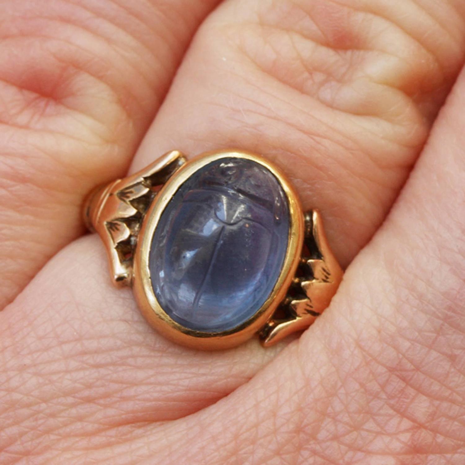 Thomas Brogan Egyptian Revival Sapphire Gold Scarab Ring For Sale at ...