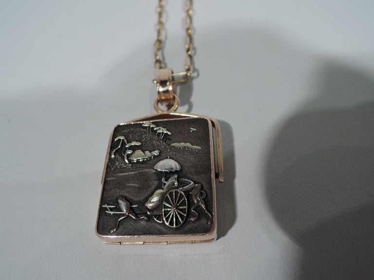 Antique Japanese Shakudo and Rose Gold Crane and Lily Locket on Chain ...