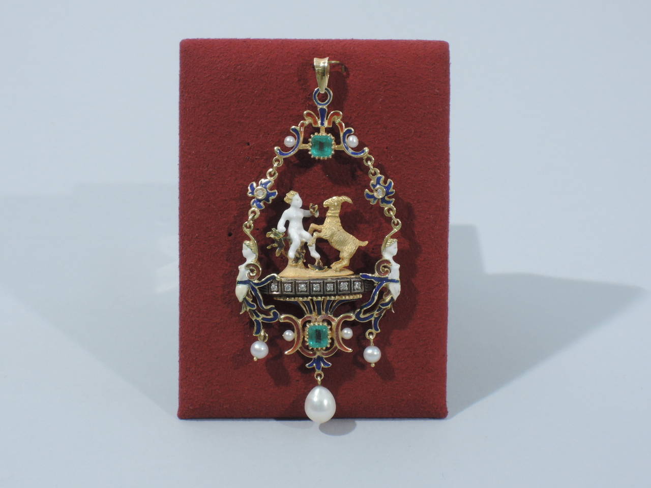 Renaissance Revival Gold and Enamel Pendant with Pearls and Emeralds ...
