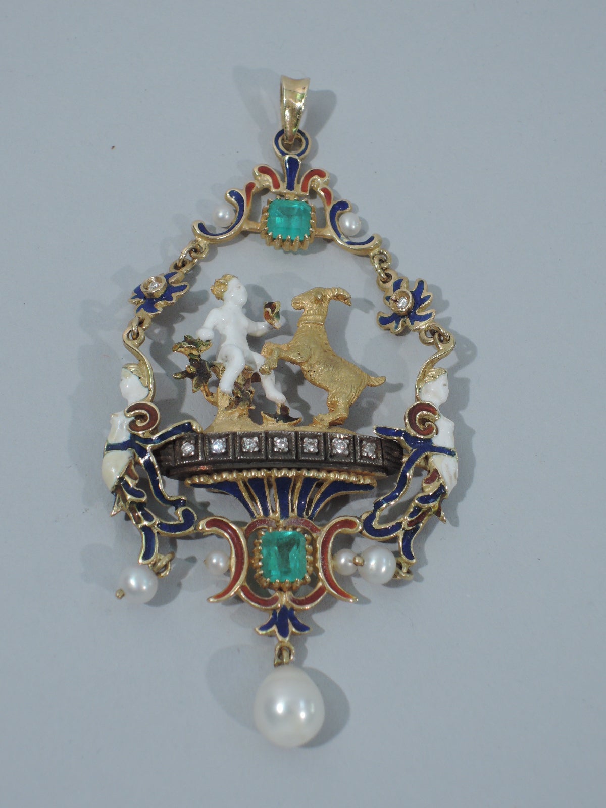 Renaissance Revival Gold and Enamel Pendant with Pearls and Emeralds ...