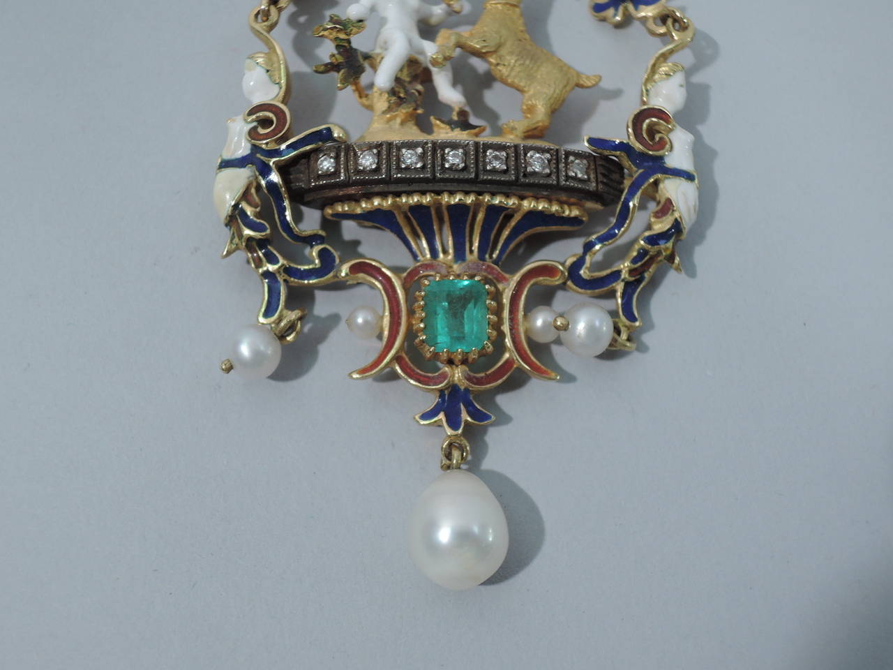 Renaissance Revival Gold and Enamel Pendant with Pearls and Emeralds ...
