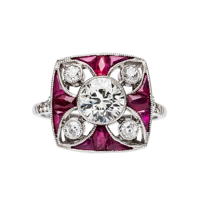 Art Deco Cabochon Ruby Diamond Platinum Ring at 1stdibs