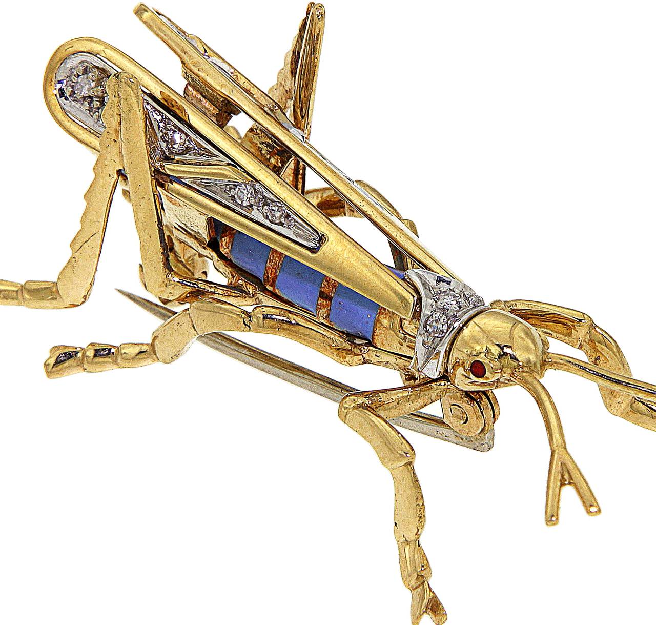 Enamel Diamonds Yellow Gold Grasshopper Brooch at 1stDibs