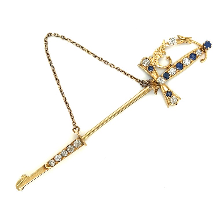 Sword Jabot Pin Old Mine Cut Diamond and Un-Heated Sapphires For Sale ...