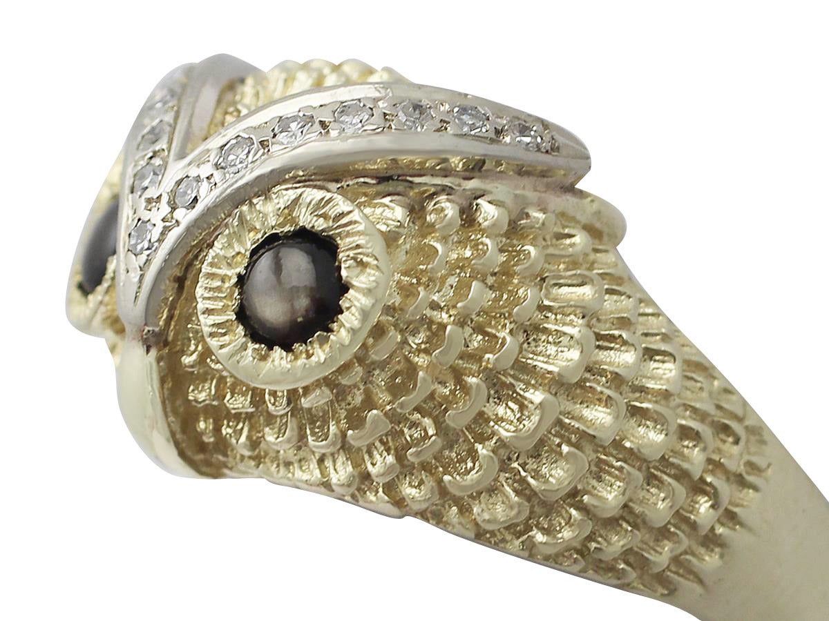 0.42Ct Black Star Sapphire and 0.30Ct Diamond, 18k Yellow Gold 'Owl ...