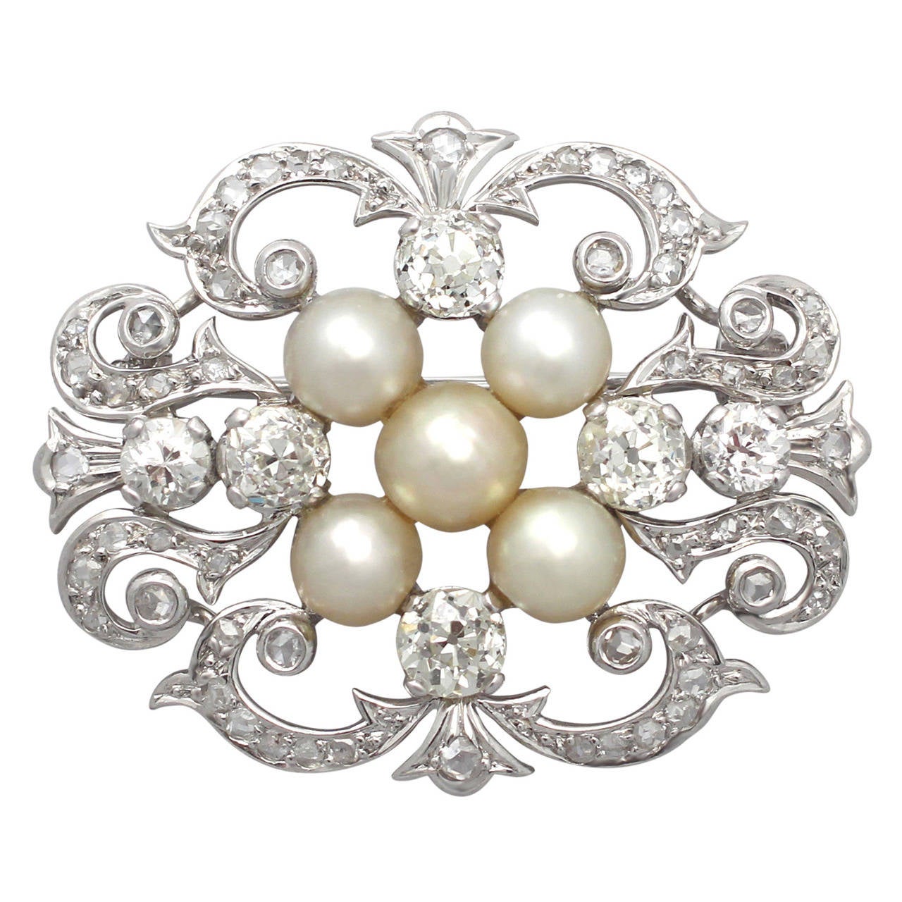 Victorian 3.65 Carat Diamond and Pearl White Gold Brooch For Sale at ...