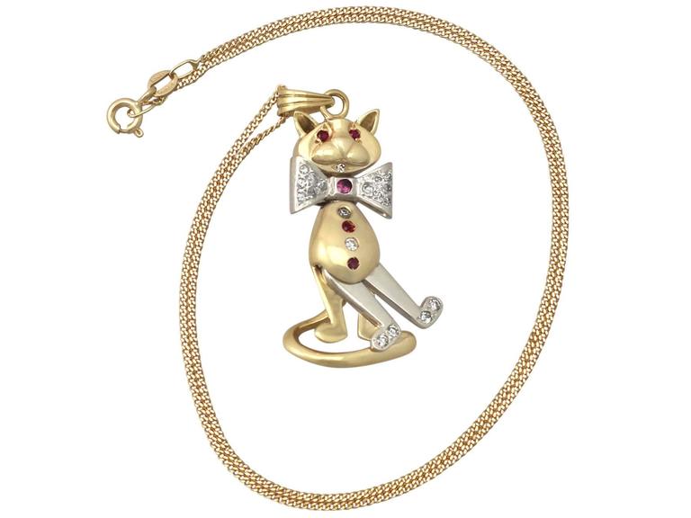 0.39Ct Diamond and 0.12Ct Ruby, 18k Yellow Gold Cat Pendant - Vintage ...