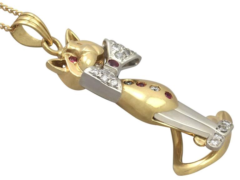 0.39Ct Diamond and 0.12Ct Ruby, 18k Yellow Gold Cat Pendant - Vintage ...