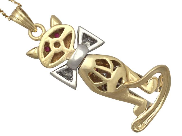 0.39Ct Diamond and 0.12Ct Ruby, 18k Yellow Gold Cat Pendant - Vintage ...