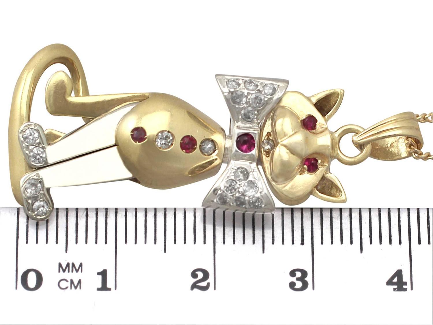 0.39Ct Diamond and 0.12Ct Ruby, 18k Yellow Gold Cat Pendant - Vintage ...