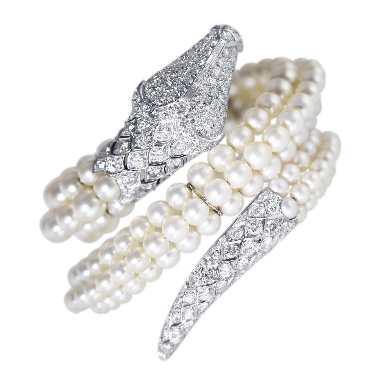Cultured Pearl Diamond Platinum Snake Bangle Bracelet at 1stDibs