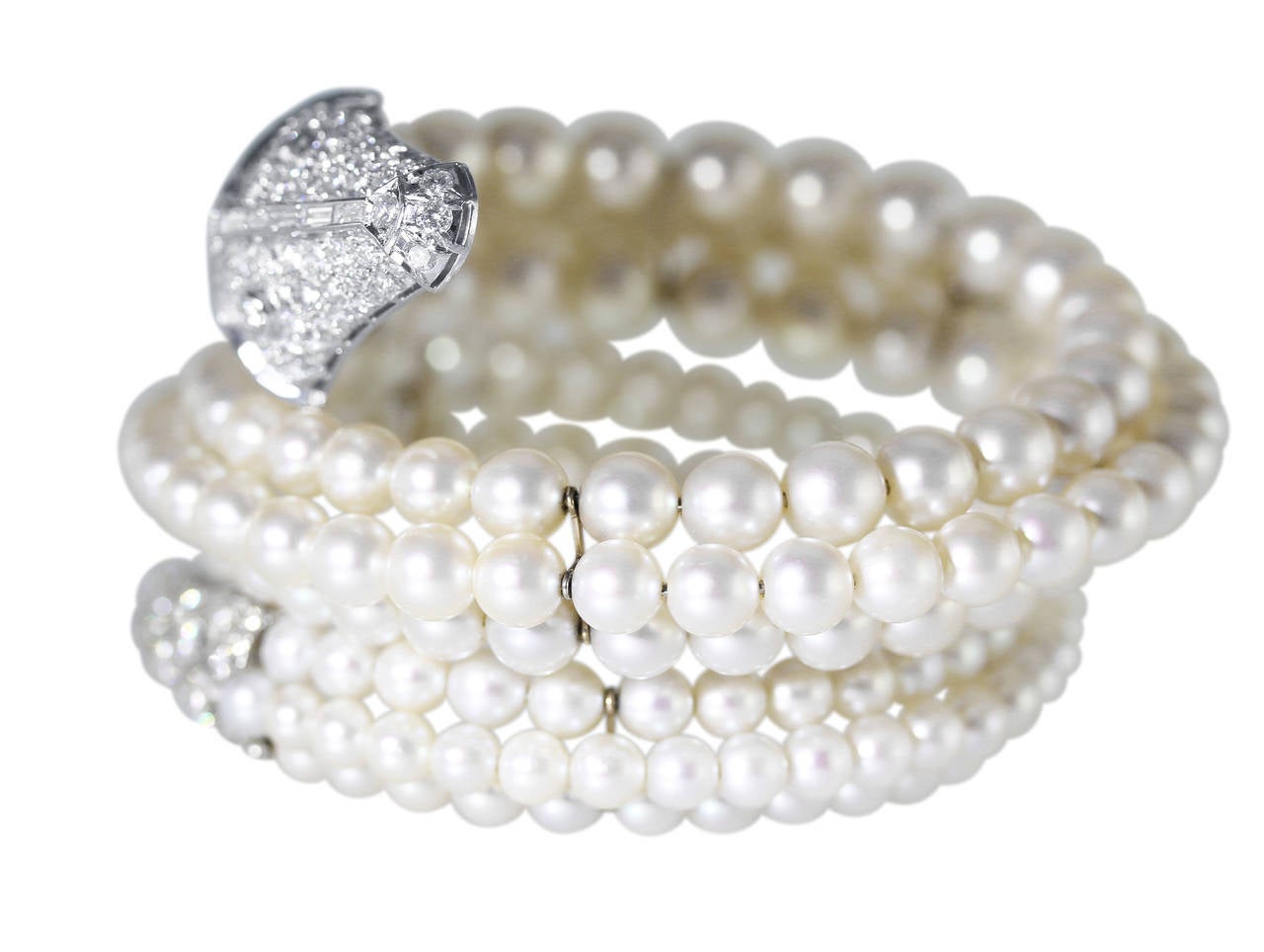 Cultured Pearl Diamond Platinum Snake Bangle Bracelet at 1stDibs